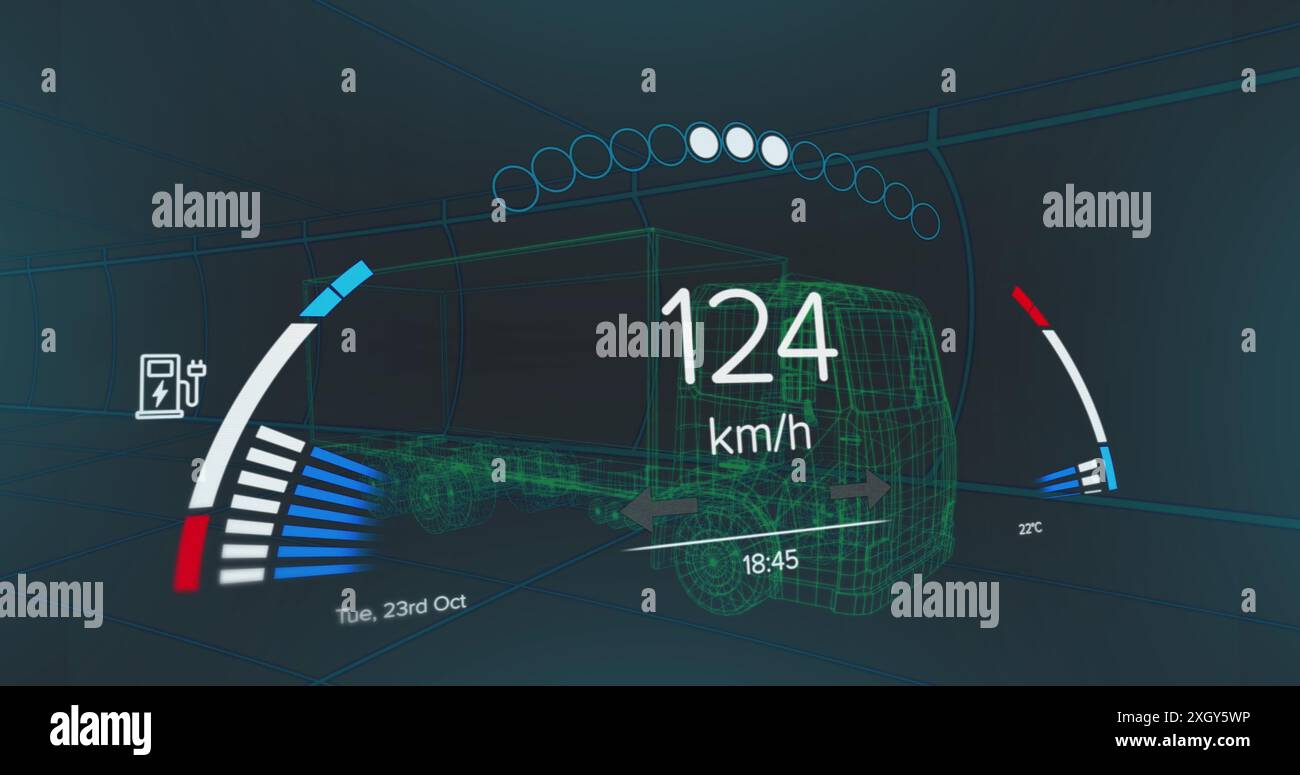Image of speedometer and power level over truck project on black ...