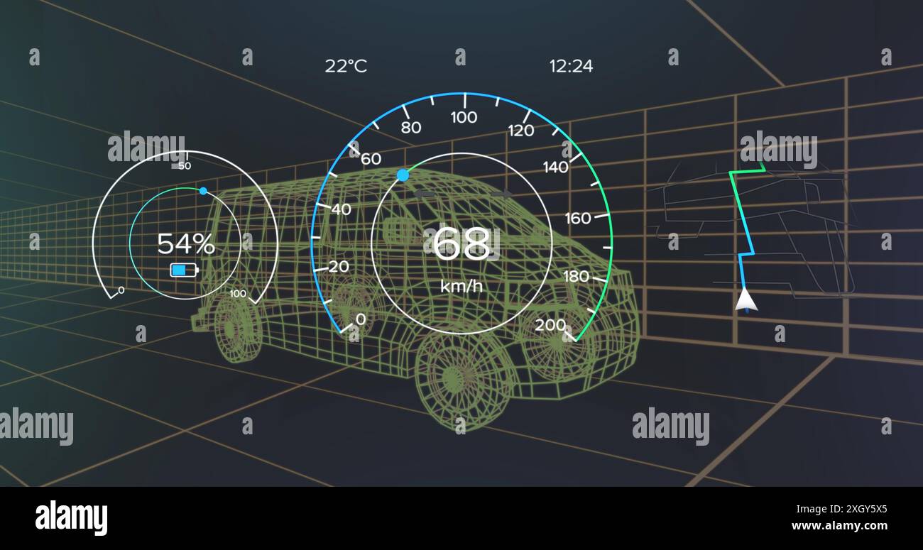 Image of speedometer and power level over van project on black ...