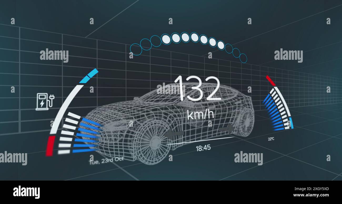 Image of speedometer and power level over car project on black ...