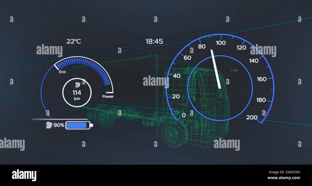 Image of 3d truck with charging battery icon and speedometer on graphic screen. Digital ...