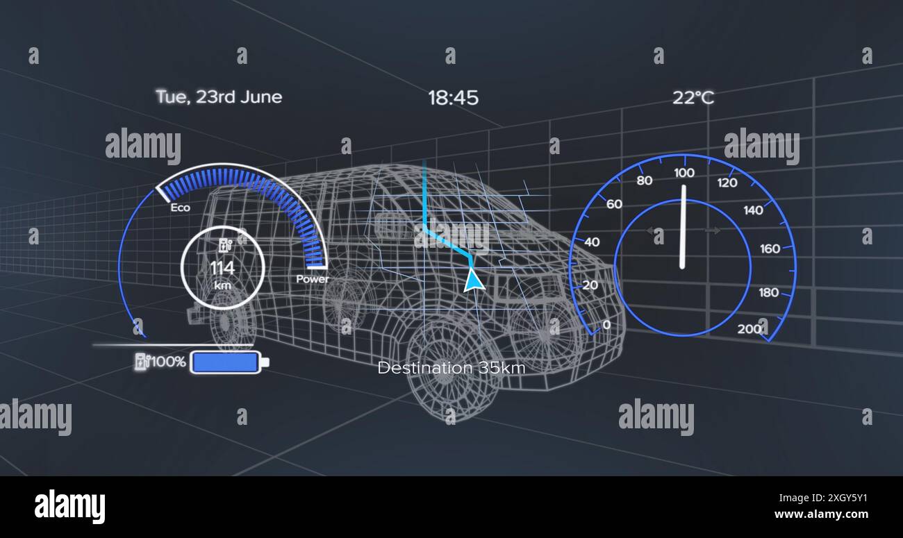 Image of speedometer and power level over van project on black ...