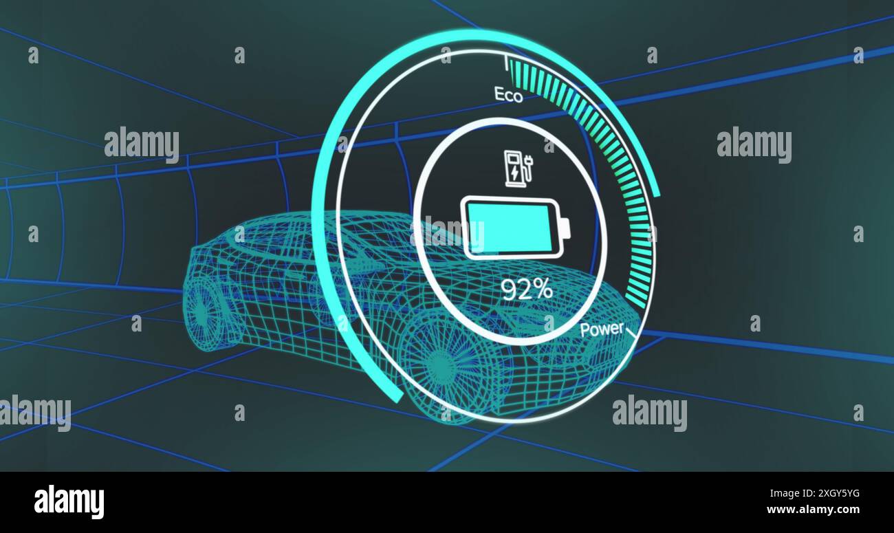 Image of 3d wire frame electric car with charging sign on graphic ...