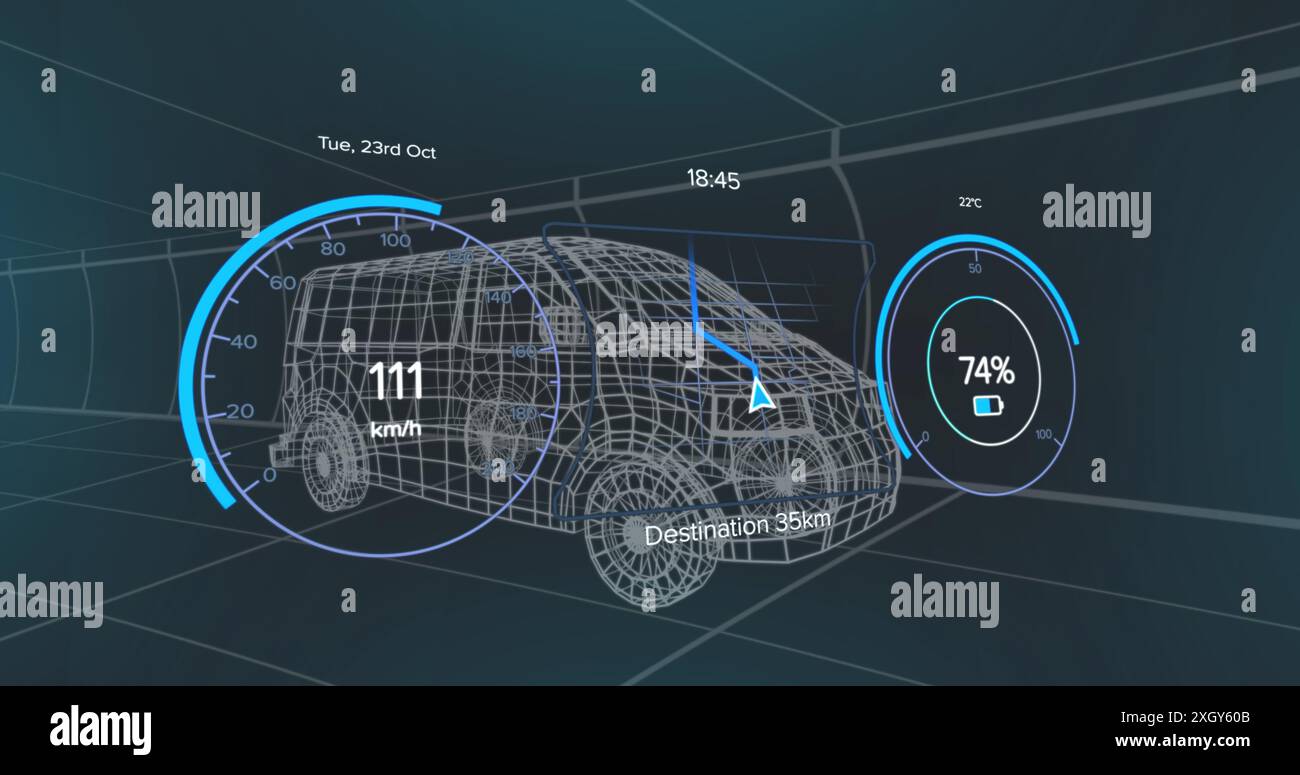 Image of speedometer and power level over van project on black ...
