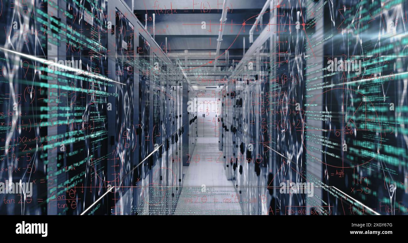 Image of data processing, mathematical equations and network of connections over server room ...