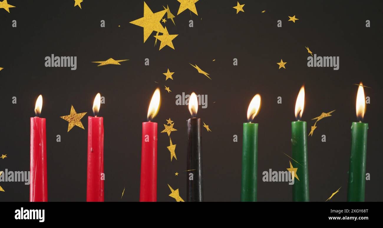 Image of golden stars falling over kwanzaa candles on black background ...
