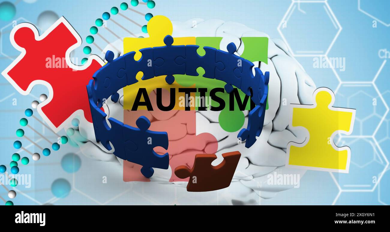 Image of colourful puzzle pieces and autism awareness month text over ...