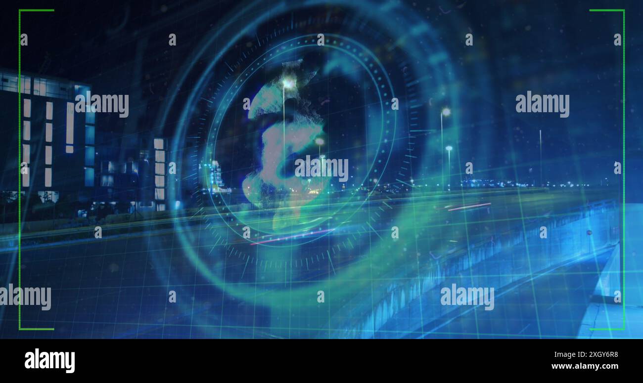 Image of neon round scanner and light trails against city traffic at ...