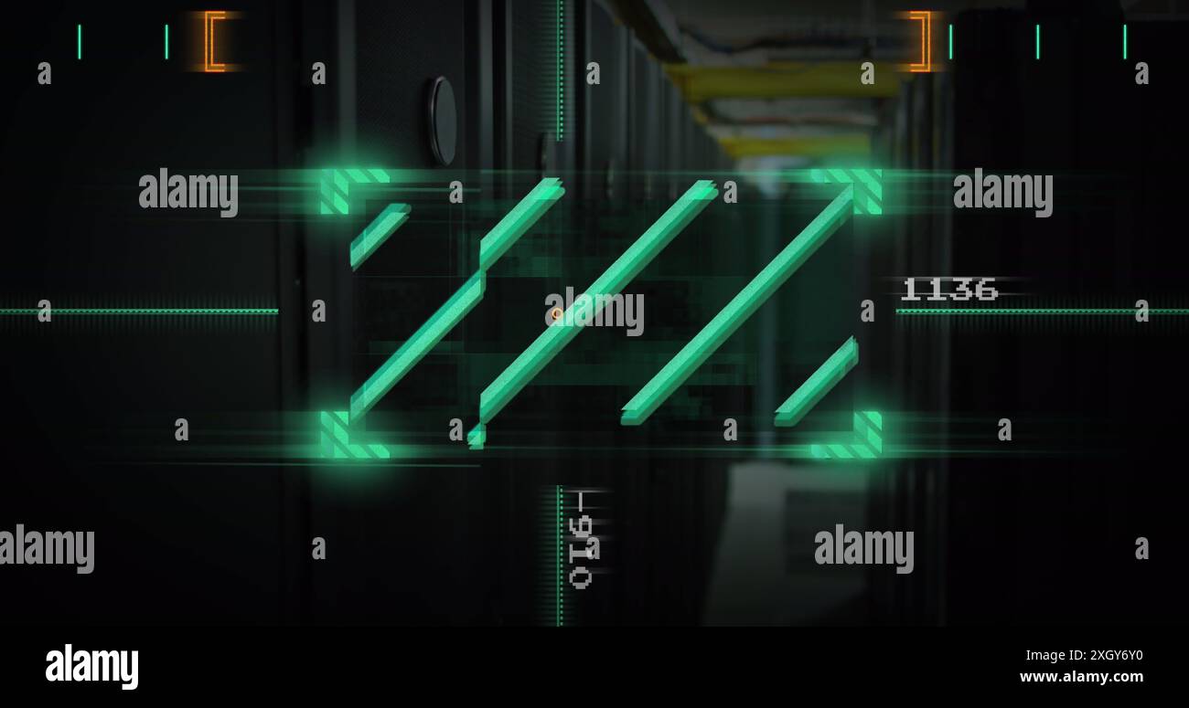 Image of lines in viewfinder with changing numbers against server room in background. Digital ...