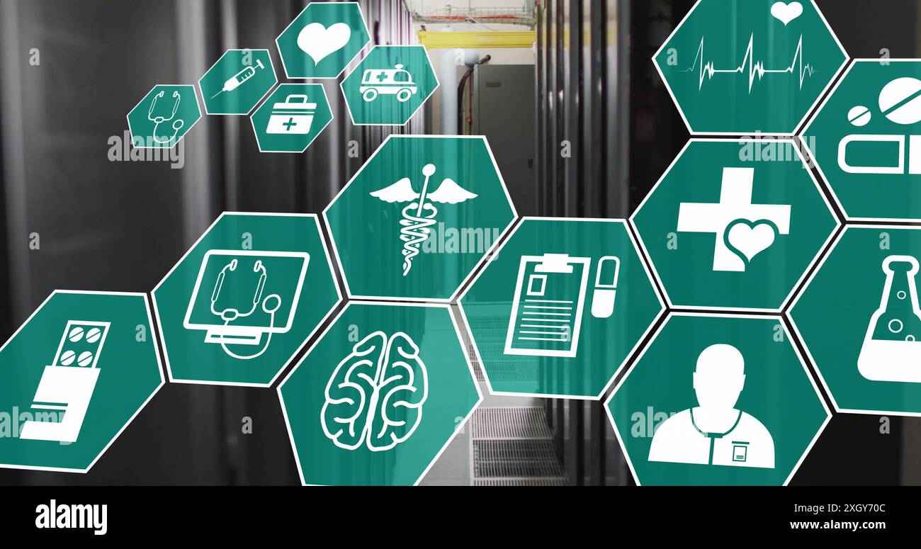 Image of floating icon in hexagons over server room in background ...