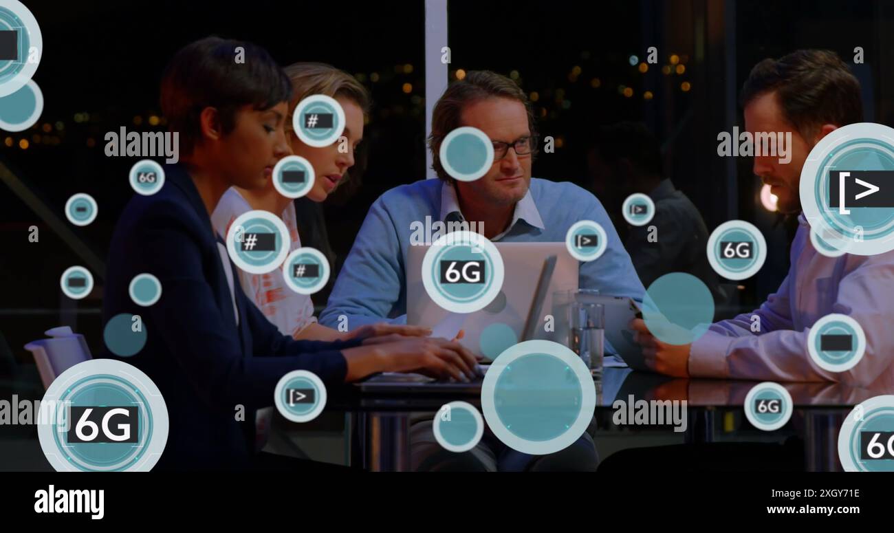 Image of 6g text and symbols in circles over diverse coworkers sharing ideas in cafes. Digital ...