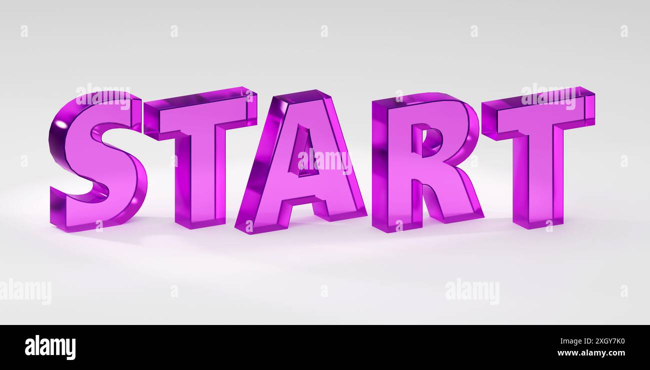 Luxury purple glass inscription start on grey podium, soft light, front ...