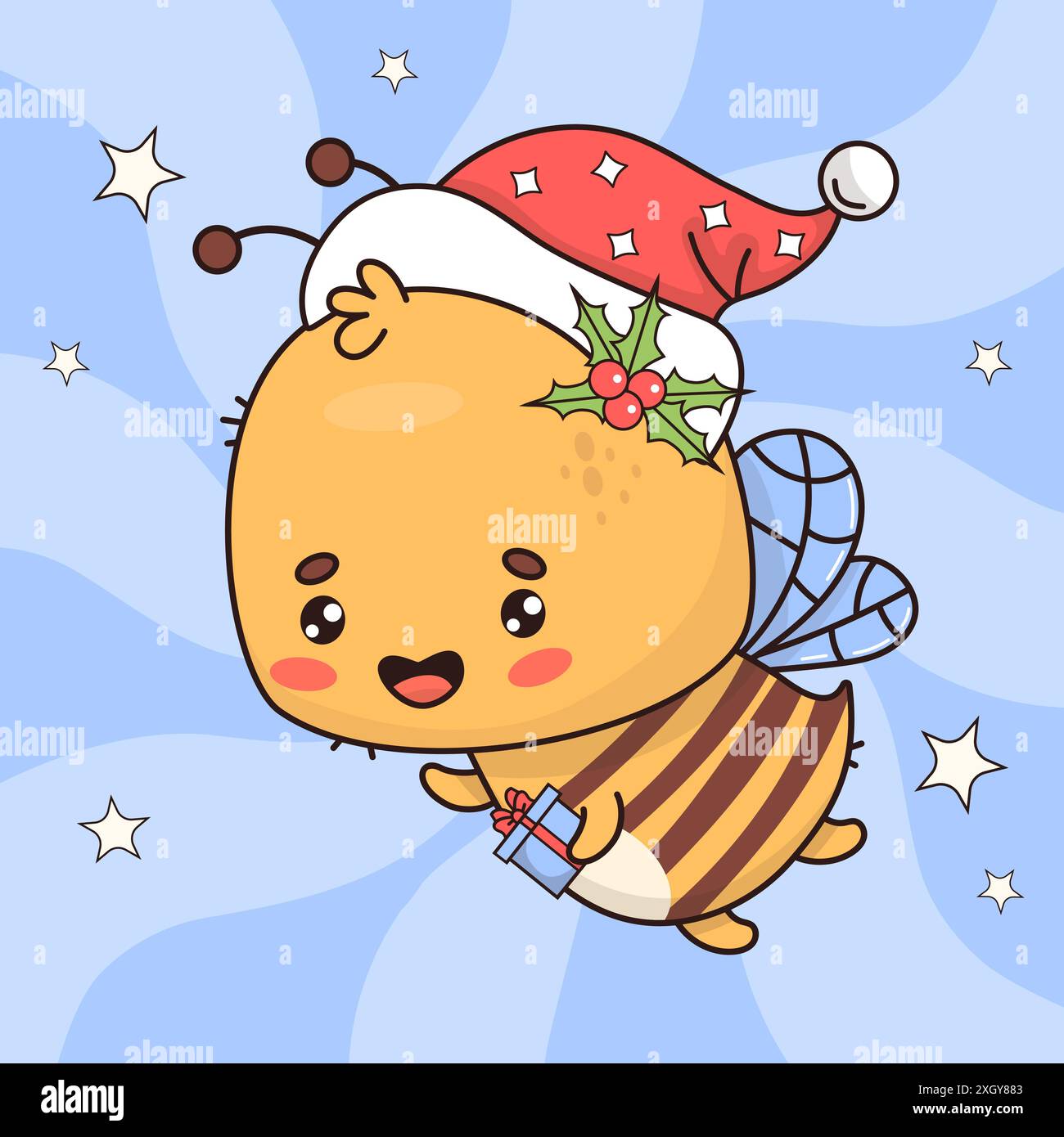 Cute Christmas bee in Santa hat with gift. Funny Festive cartoon insect ...