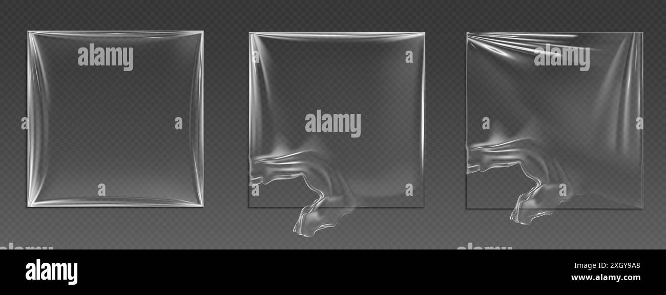 Transparent plastic vinyl wrap whole and torn with wrinkles and overlay ...