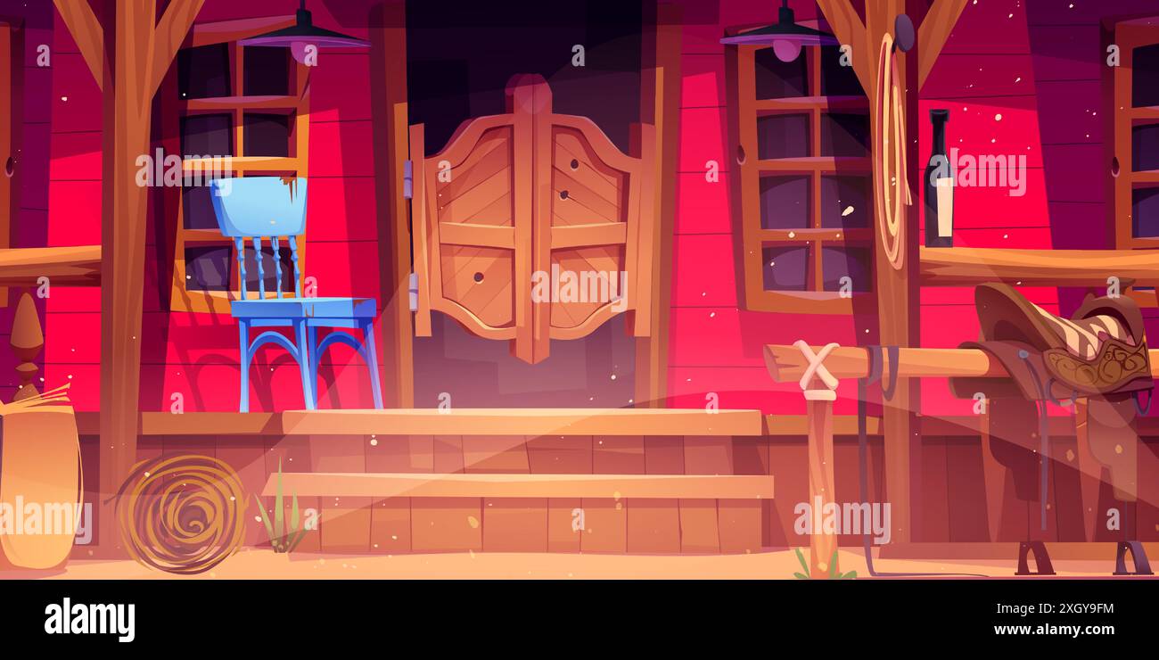 Wild west saloon entrance with red walls and wooden double doors, old ...
