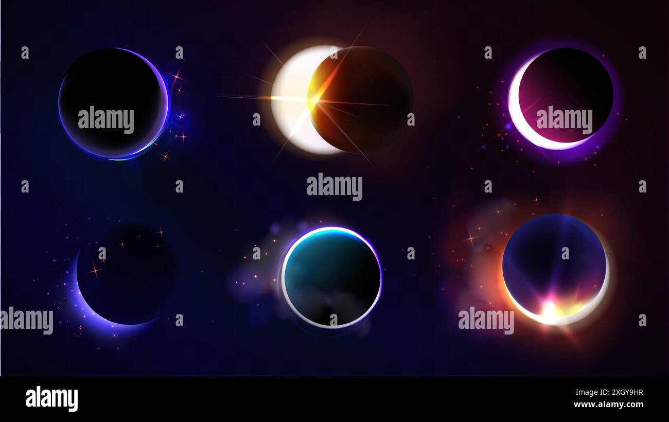 Total and partial solar eclipse with different neon glow colors on dark night sky background ...