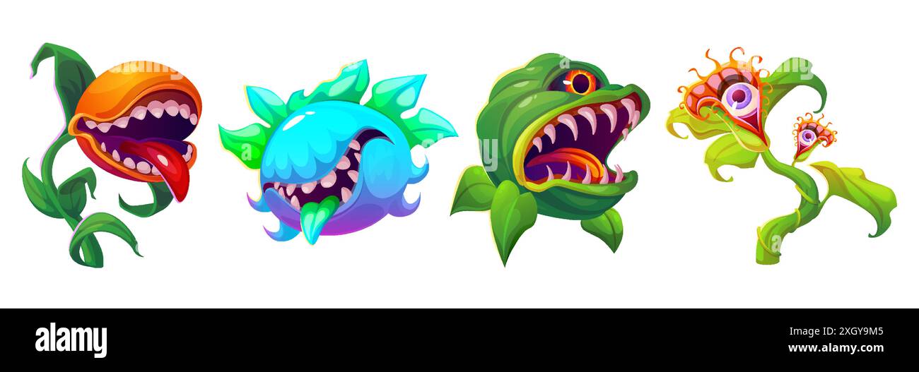 Scary monster plants with fantasy flower head with eyes, mouth and ...
