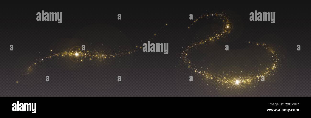 Magic gold dust trail with star shaped sparkles on dark transparent ...