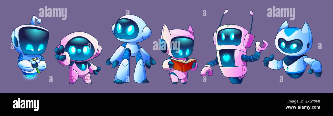 Cute Cartoon Ai Chatbot Robots With Smiling Faces Vector Set Of Funny Bot Mascot Characters