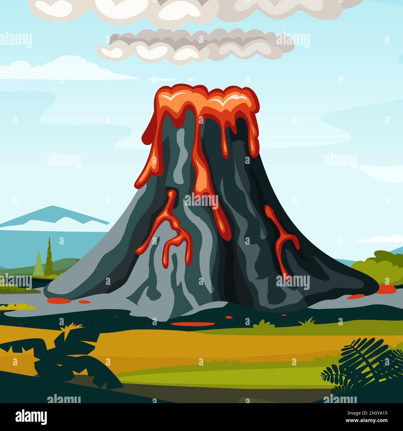 volcano. background outdoor hills active volcano cartoon landscape ...
