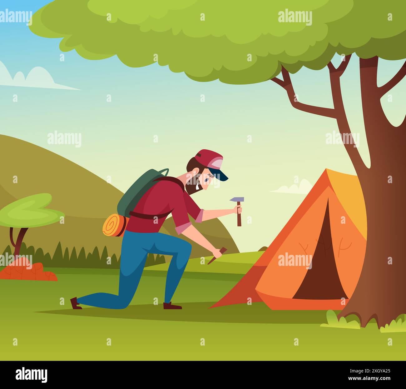 camp in wood. adventure in forest man building tent vector background ...
