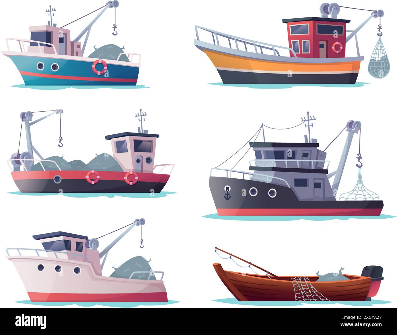 Fishing boats. Industrial seafood production marine fisher boats in ...