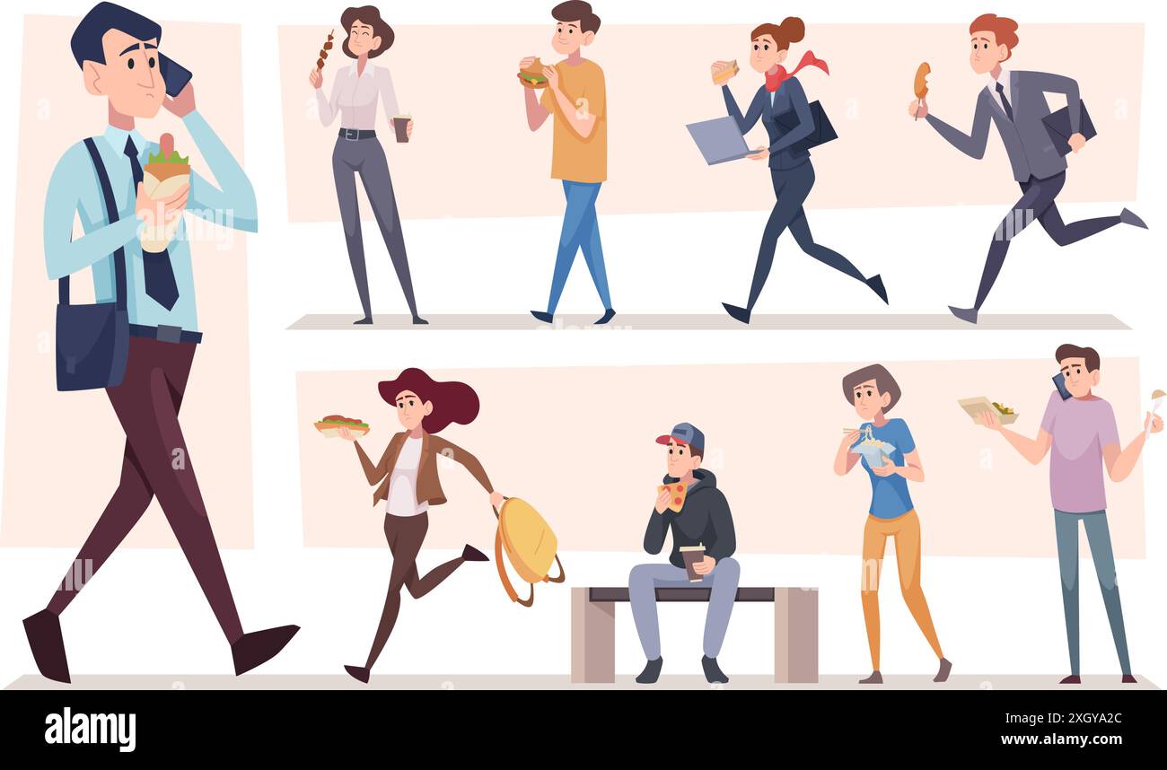 Snack people. Quick snacks every day eating at daily routine processes ...