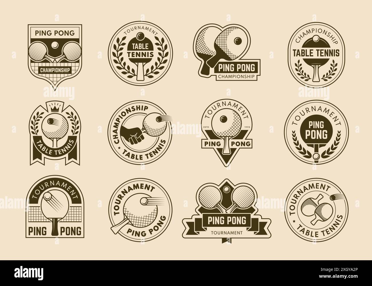 Table tennis badges. Stylized emblems with ball and rockets for playing ...