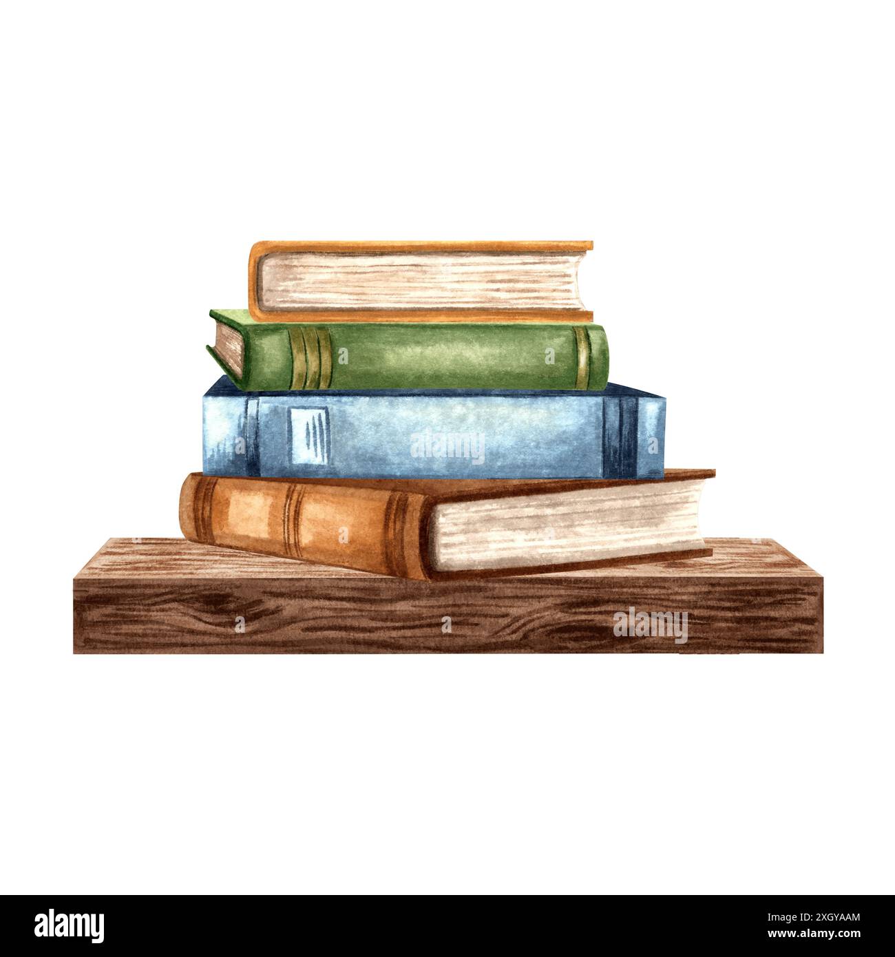 Books stacked vertical on wooden shelf. Composition with old textbooks ...