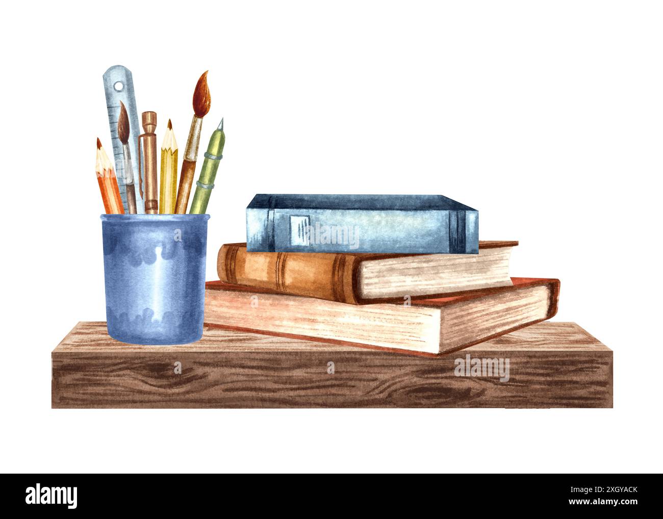 Books and writing utensils on wooden shelf. Composition with textbooks ...