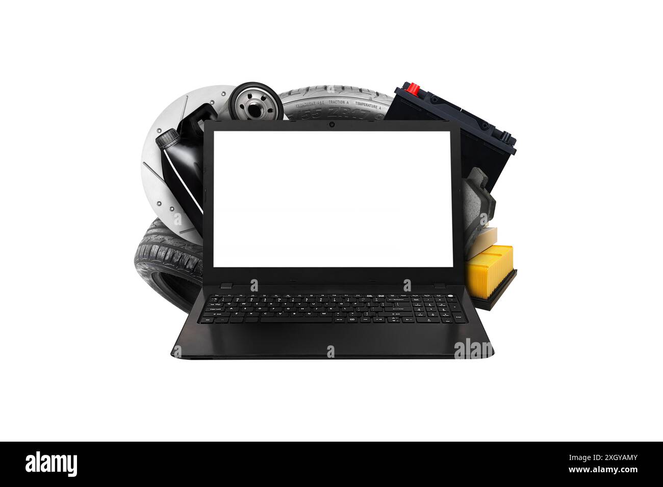 Car spare parts concept , laptop with blank white screen and car spare ...