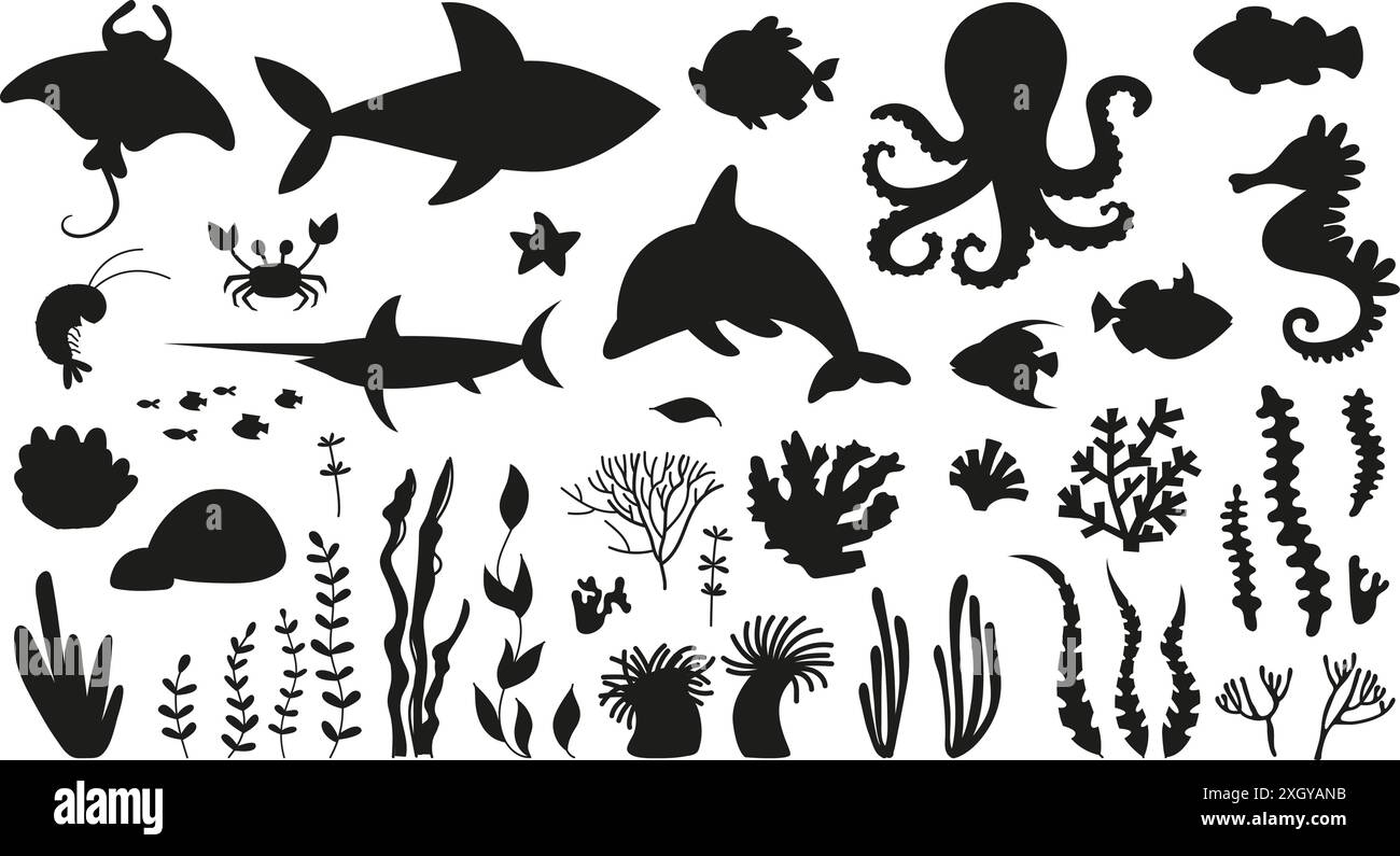 Underwater black silhouettes. Seaweeds fish and sea animals. Silhouette ...