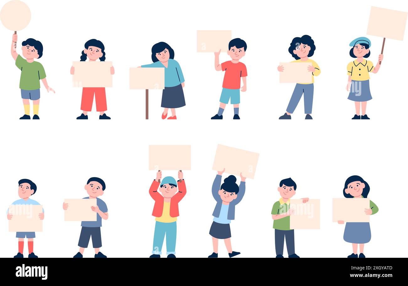 Kids with empty banners. Children hold different blank placards. Cute ...