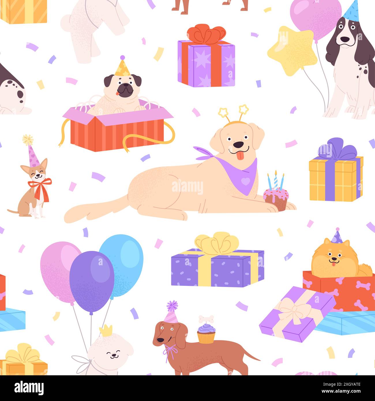 Party dogs seamless pattern. Birthday celebration fabric print design ...