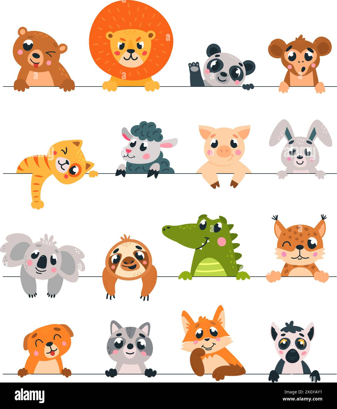 Animal looking out lines. Wild animals pets peeking out line. Childish cute banners or stickers ...