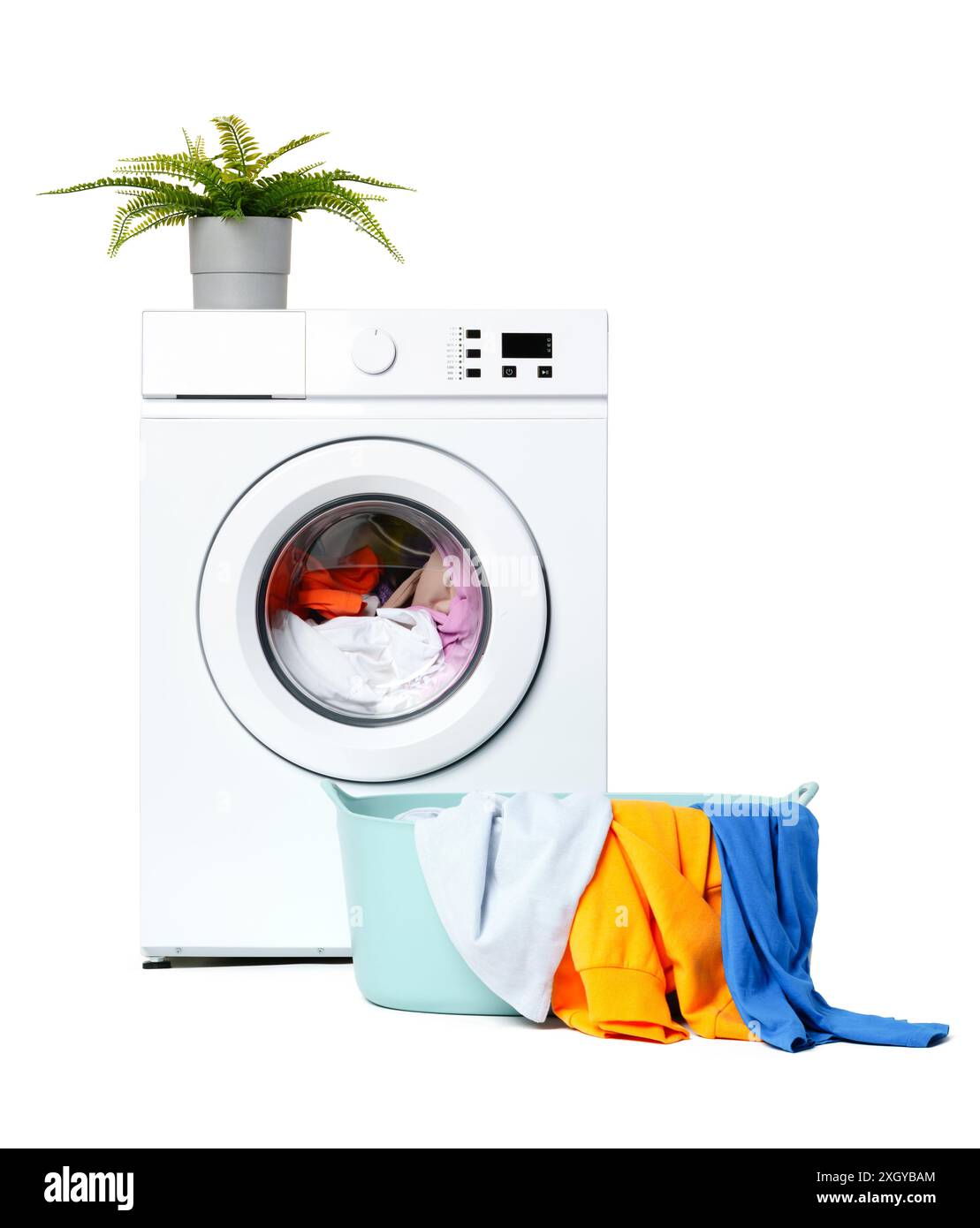 White Front Loading Washing Machine With Open Door and Laundry Stock ...