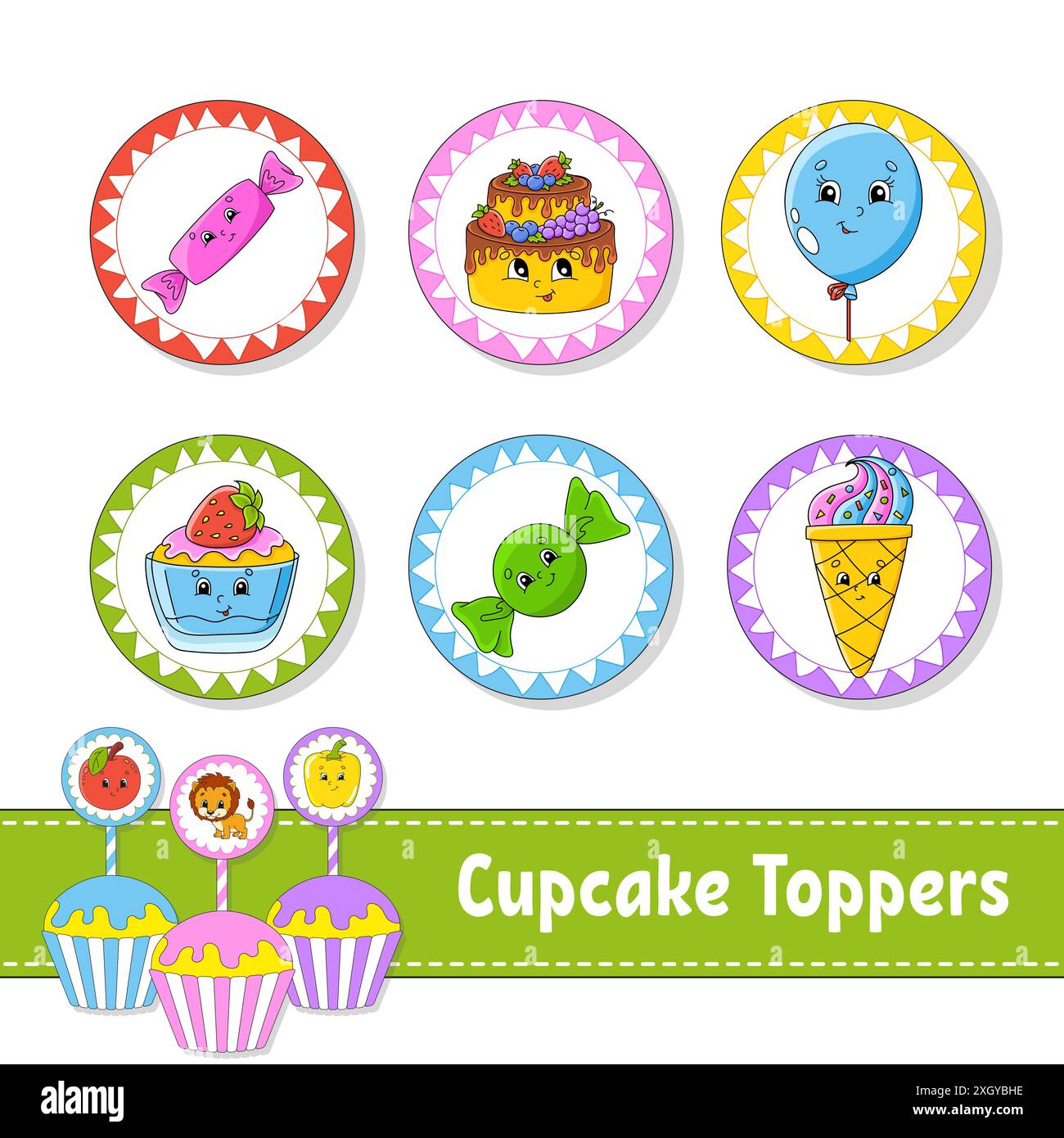 Cupcake Toppers. Set of six round pictures. Cartoon characters. Cute ...