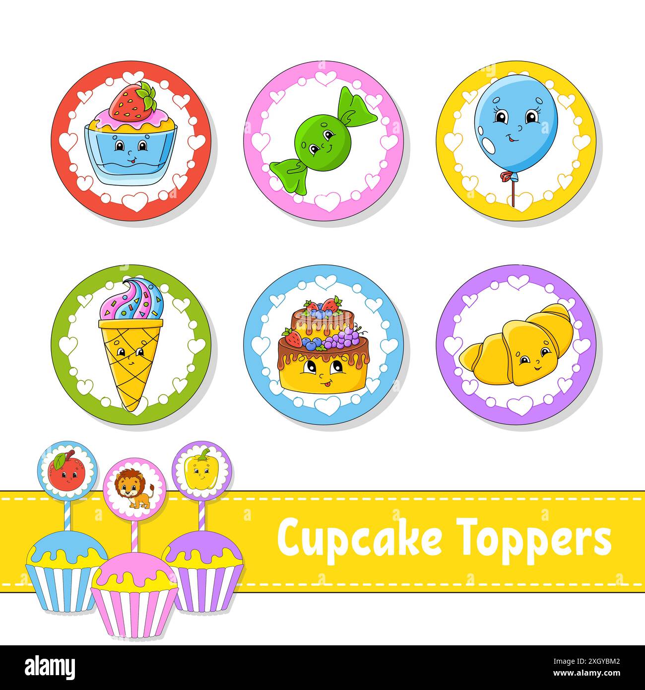 Cupcake Toppers. Set of six round pictures. Cartoon characters. Cute ...