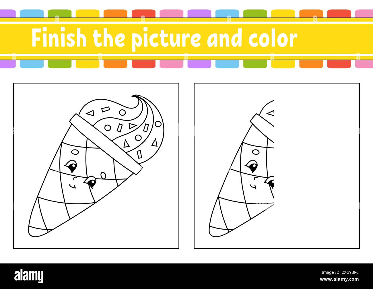 Finish the picture and color. Cartoon character isolated on white ...