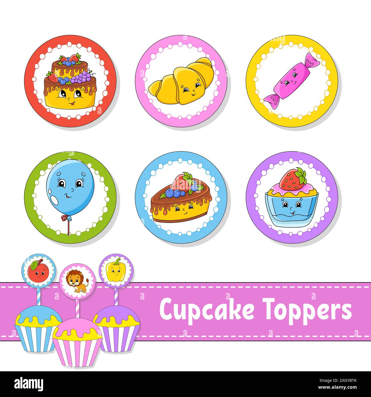Cupcake Toppers. Set of six round pictures. Cartoon characters. Cute ...