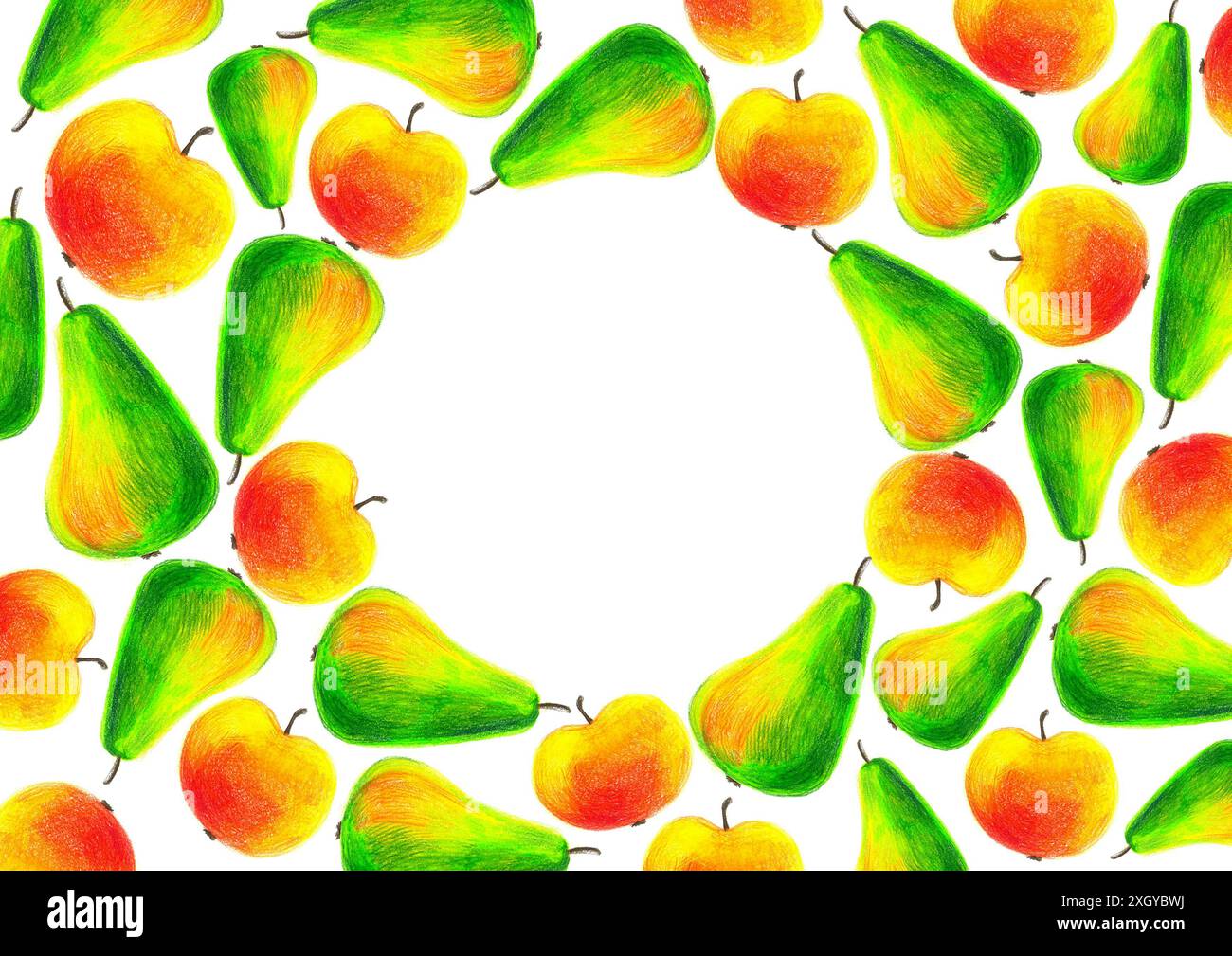 Fruit round frame. Pears and apples. Drawing with colored pencils ...