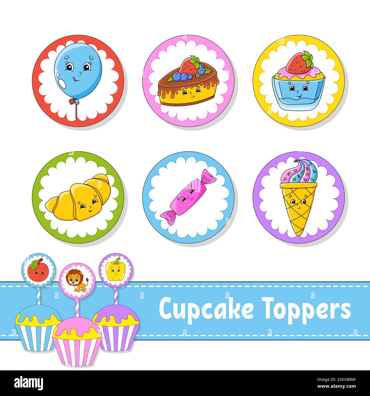 Cupcake Toppers. Set of six round pictures. Cartoon characters. Cute ...
