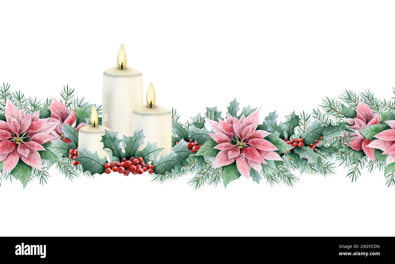 Christmas seamless border with candles, red holly berries and ...