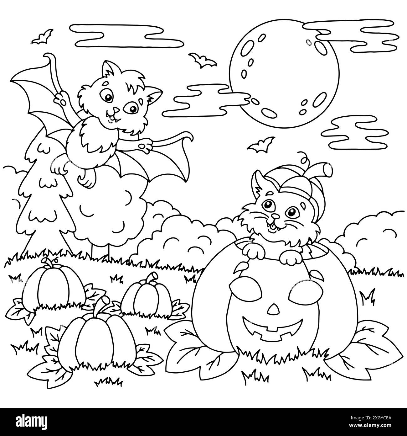 Bat and cat in a pumpkin. Halloween theme. Coloring book page for kids ...