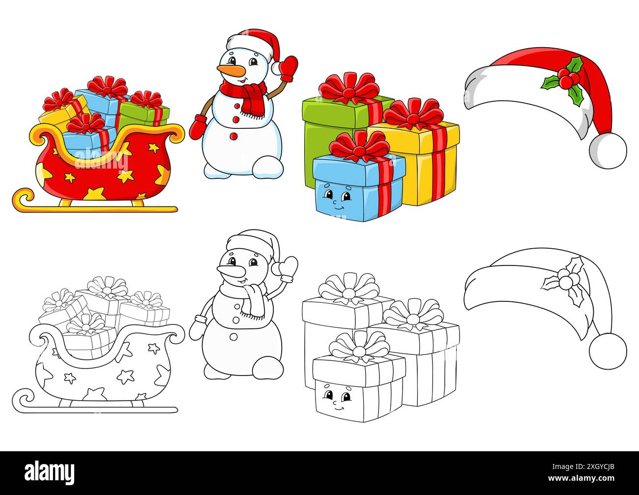 Set coloring page for kids. Merry Christmas theme. Cute cartoon ...