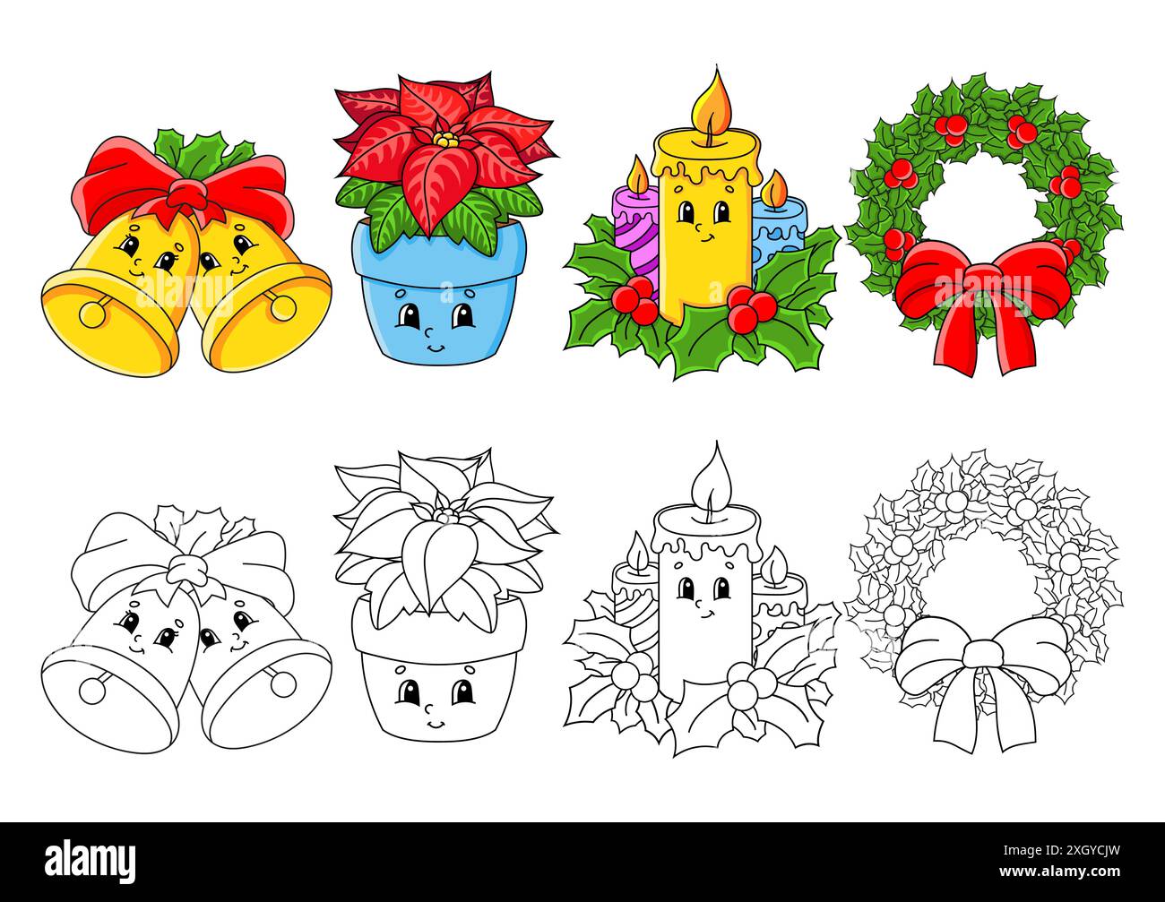 Set coloring page for kids. Merry Christmas theme. Cute cartoon ...