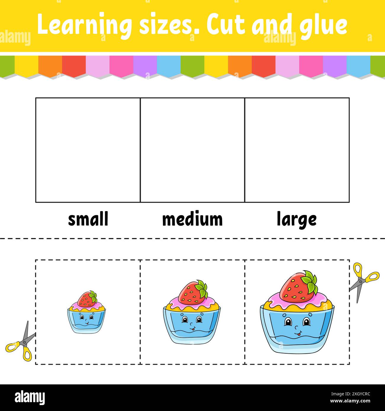 Learning sizes. Cut and glue. Easy level. Color activity worksheet ...