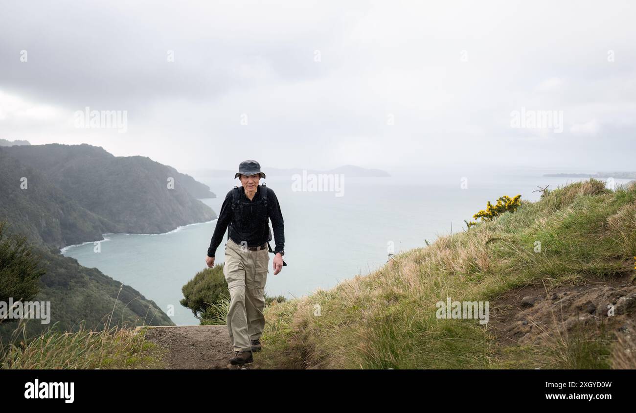 Man hiking Omanawanui track in the rain. Waitakere Ranges. Auckland ...