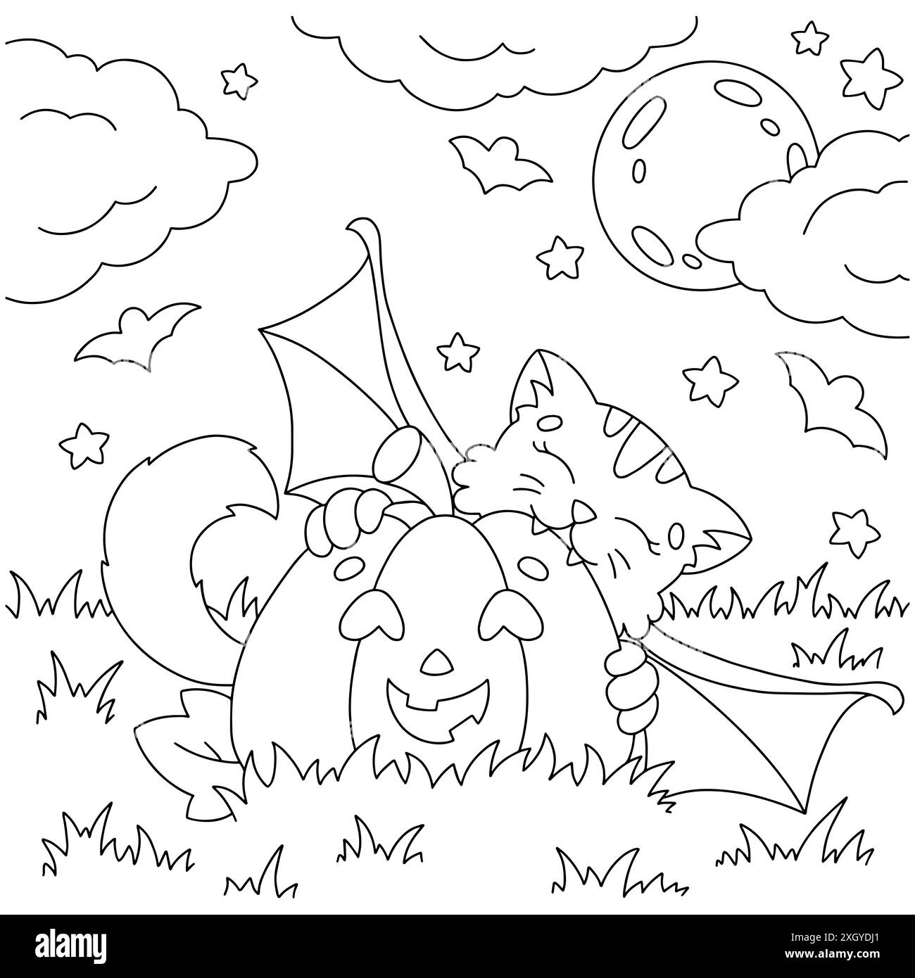 A cute bat bites a pumpkin. Coloring book page for kids. Halloween ...
