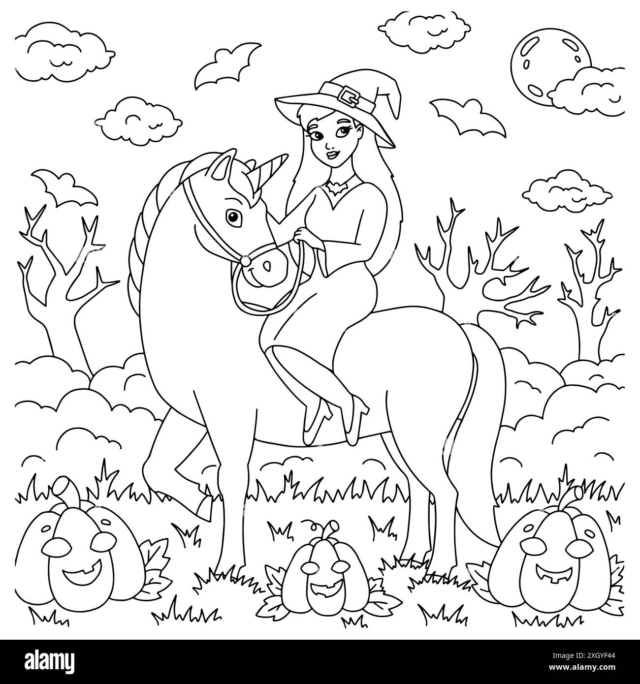 The witch rides a unicorn. Coloring book page for kids. Cartoon style ...