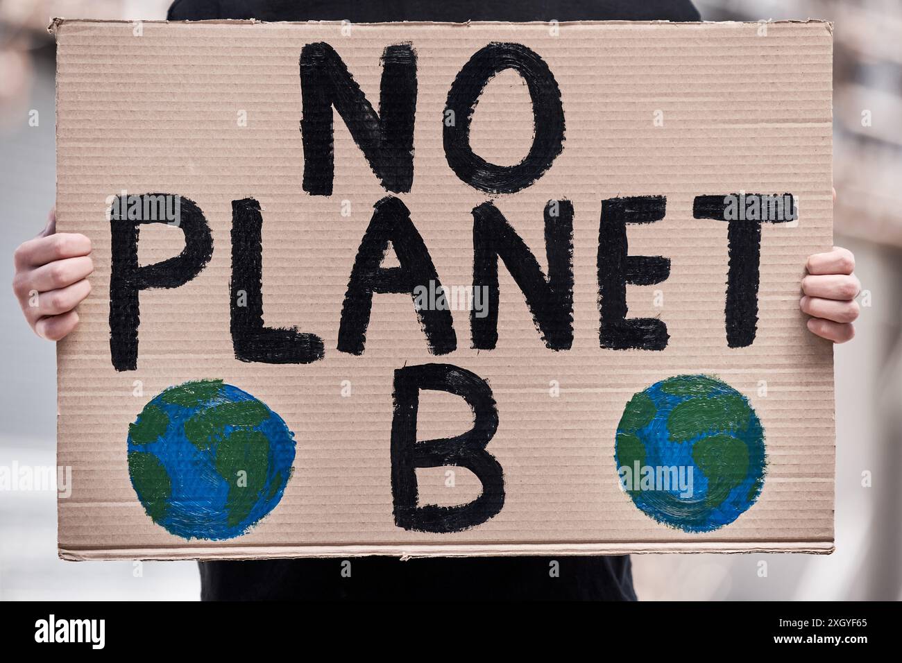 Hands, planet and protest with poster for climate change, global ...